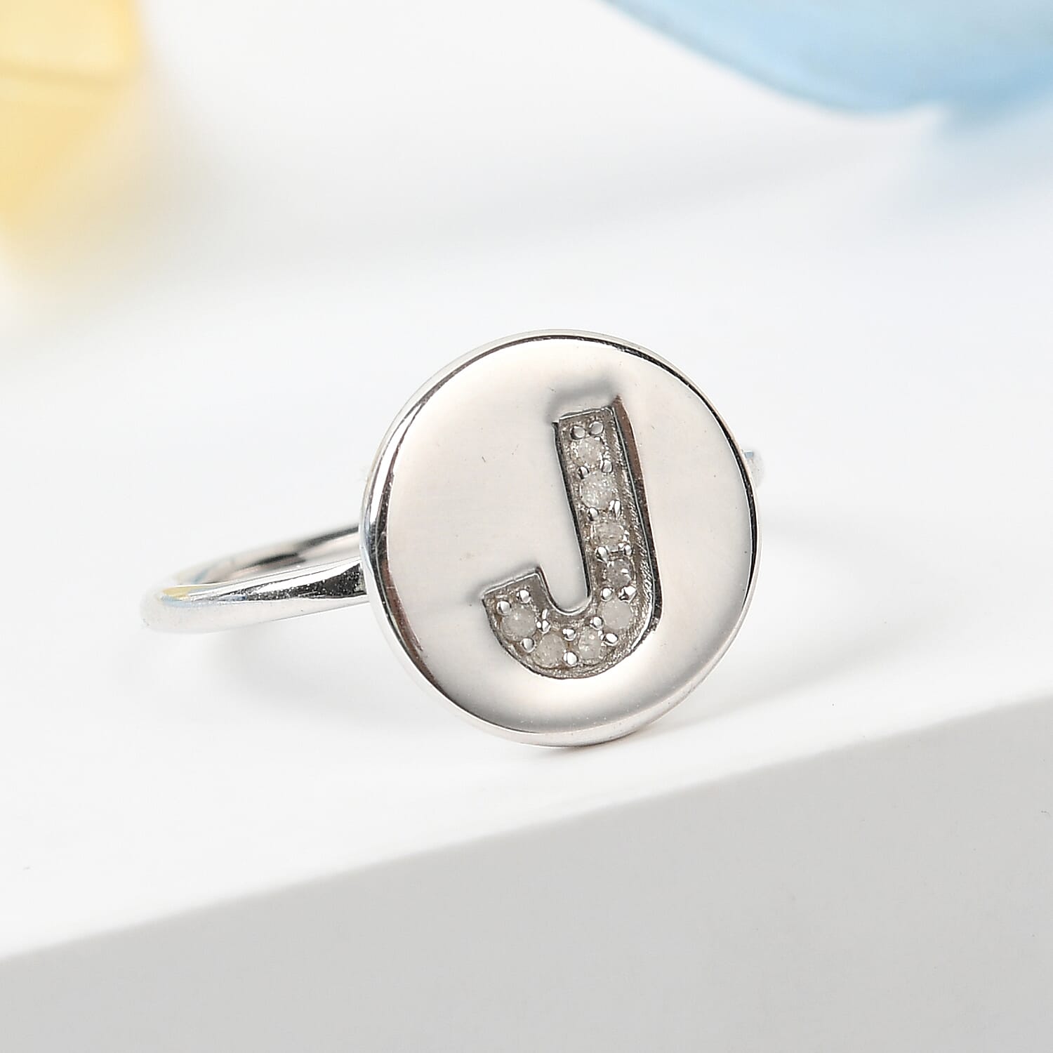 White Diamond J Initial Ring in Platinum Plated Sterling Silver ...