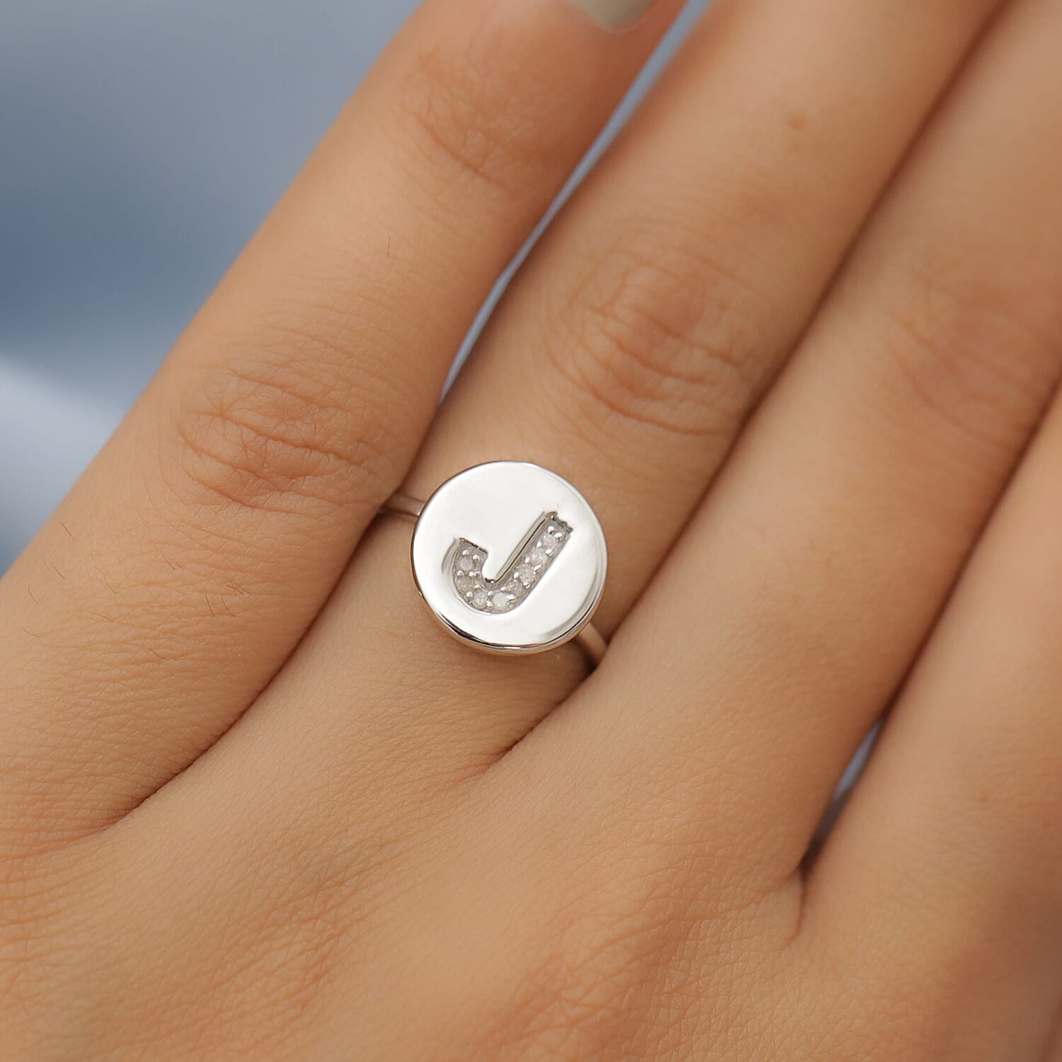 White Diamond J Initial Ring in Platinum Plated Sterling Silver ...