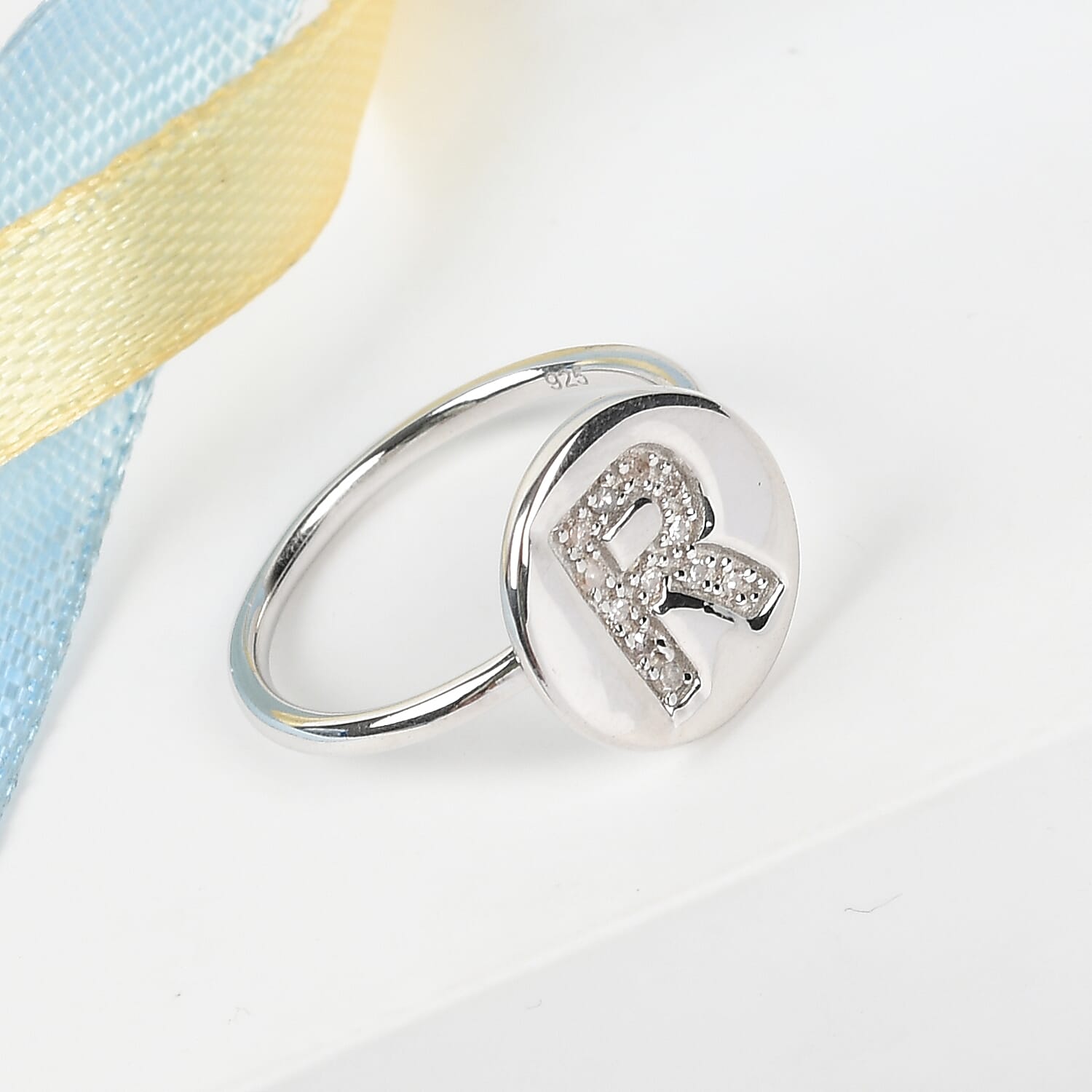 White Diamond Initial-R Ring in Platinum Plated Sterling Silver ...