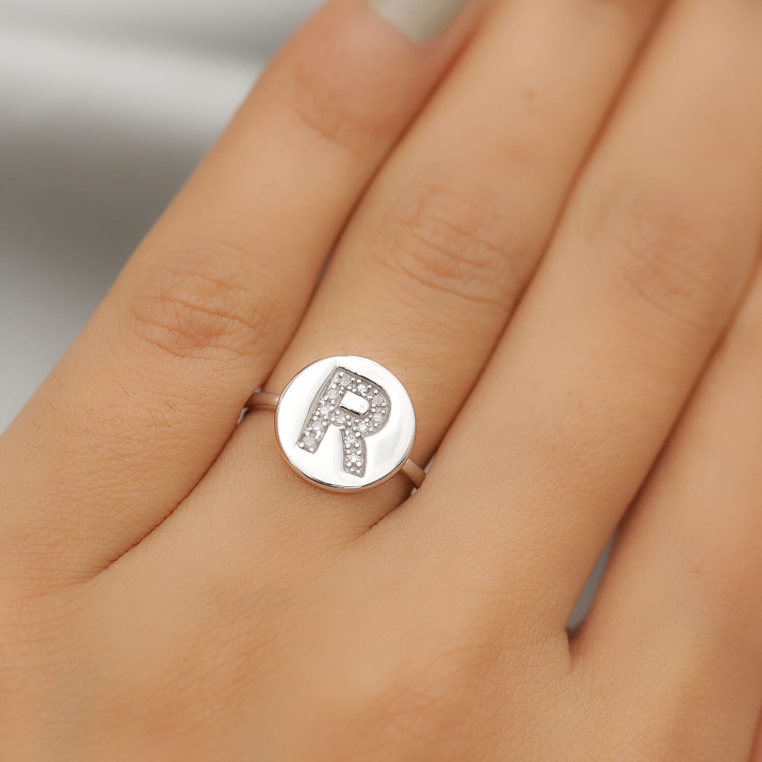 White Diamond Initial-R Ring in Platinum Plated Sterling Silver ...