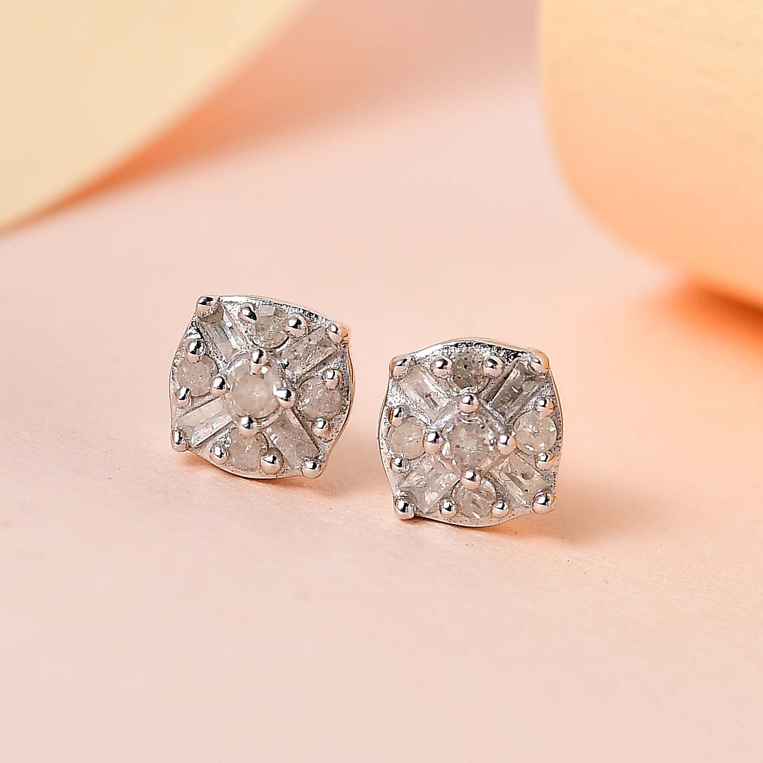 Diamond Stud Earrings (ith Push Back) in Platinum Overlay Sterling ...