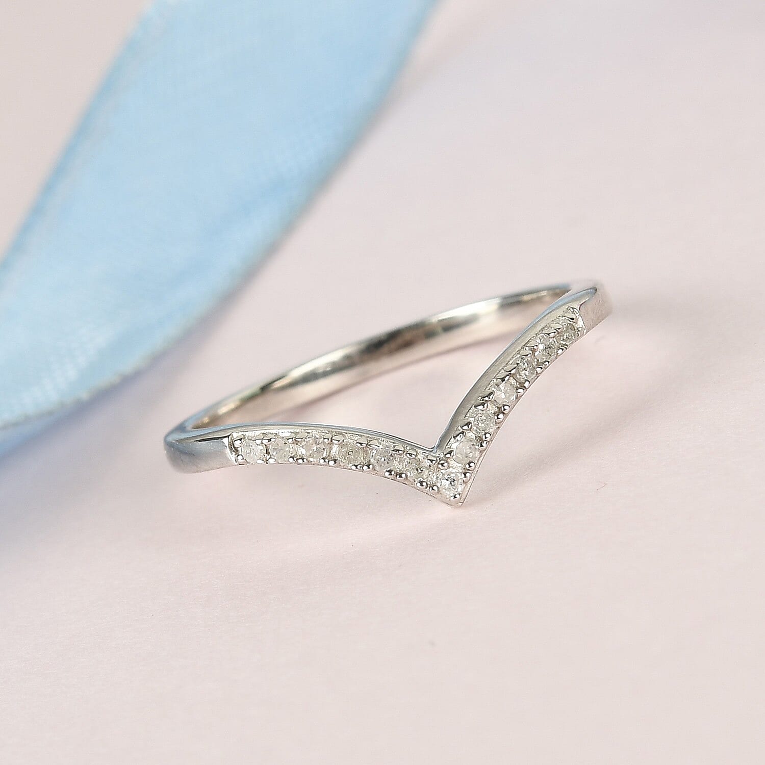White Diamond Wishbone Band Ring in Platinum Plated Sterling Silver ...