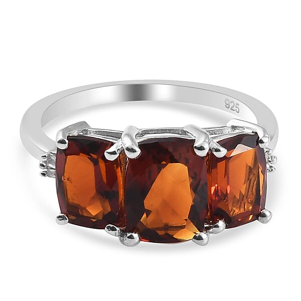 3 Stone Inspired Cherry Citrine and Diamond Ring in Platinum Plated ...