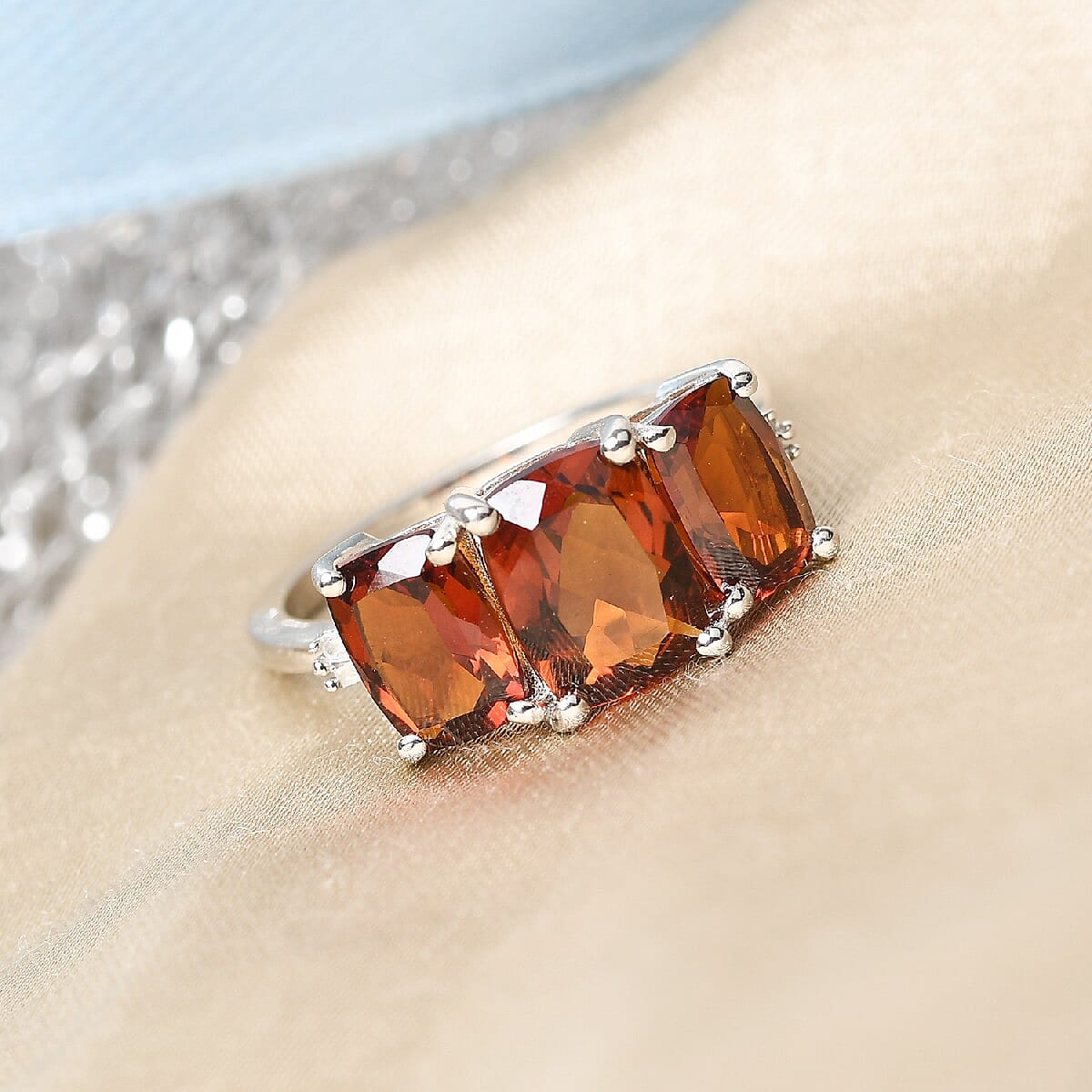 3 Stone Inspired Cherry Citrine and Diamond Ring in Platinum Plated ...