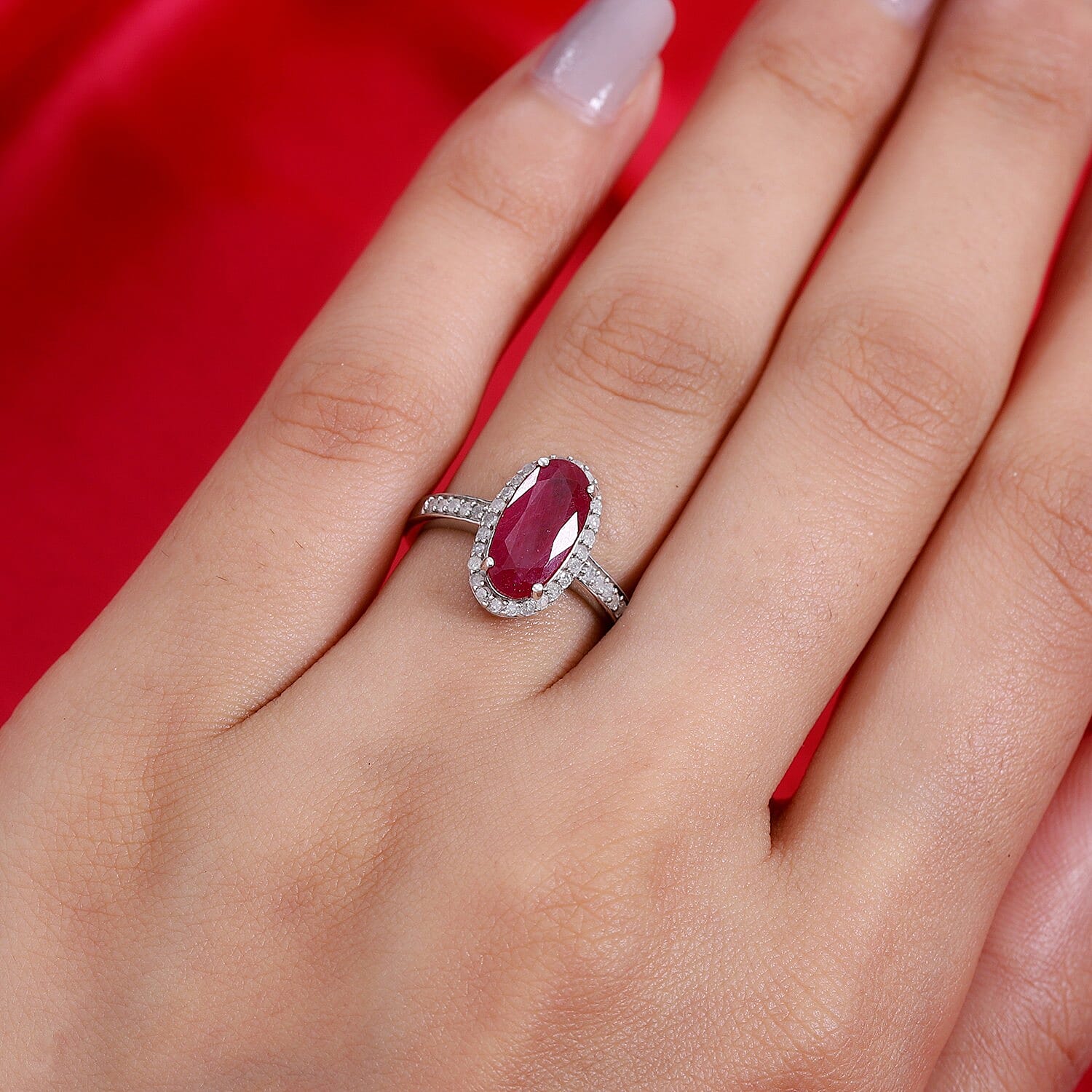 2.890 Ct. Fissure Filled Ruby and White Diamond Halo Ring in Platinum ...