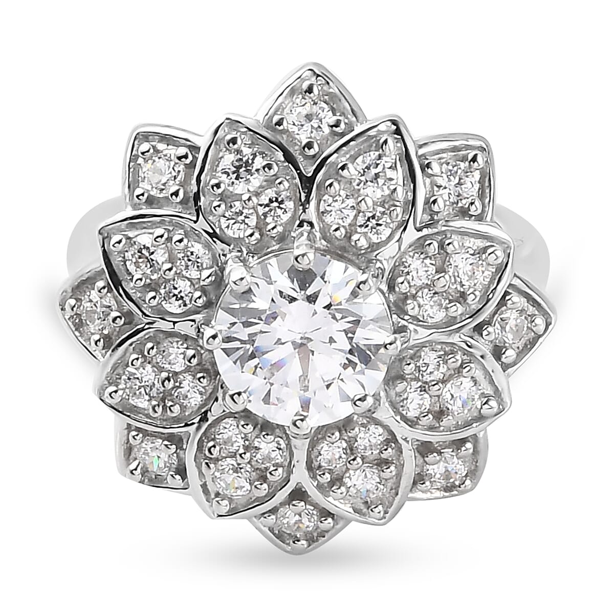 Lustro Stella Platinum Plated Sterling Silver Floral Ring Finest CZ 4. ...