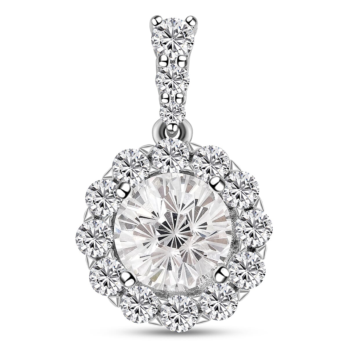 ELANZA Halo Simulated Diamond Pendant in Rhodium Plated Sterling Silver ...