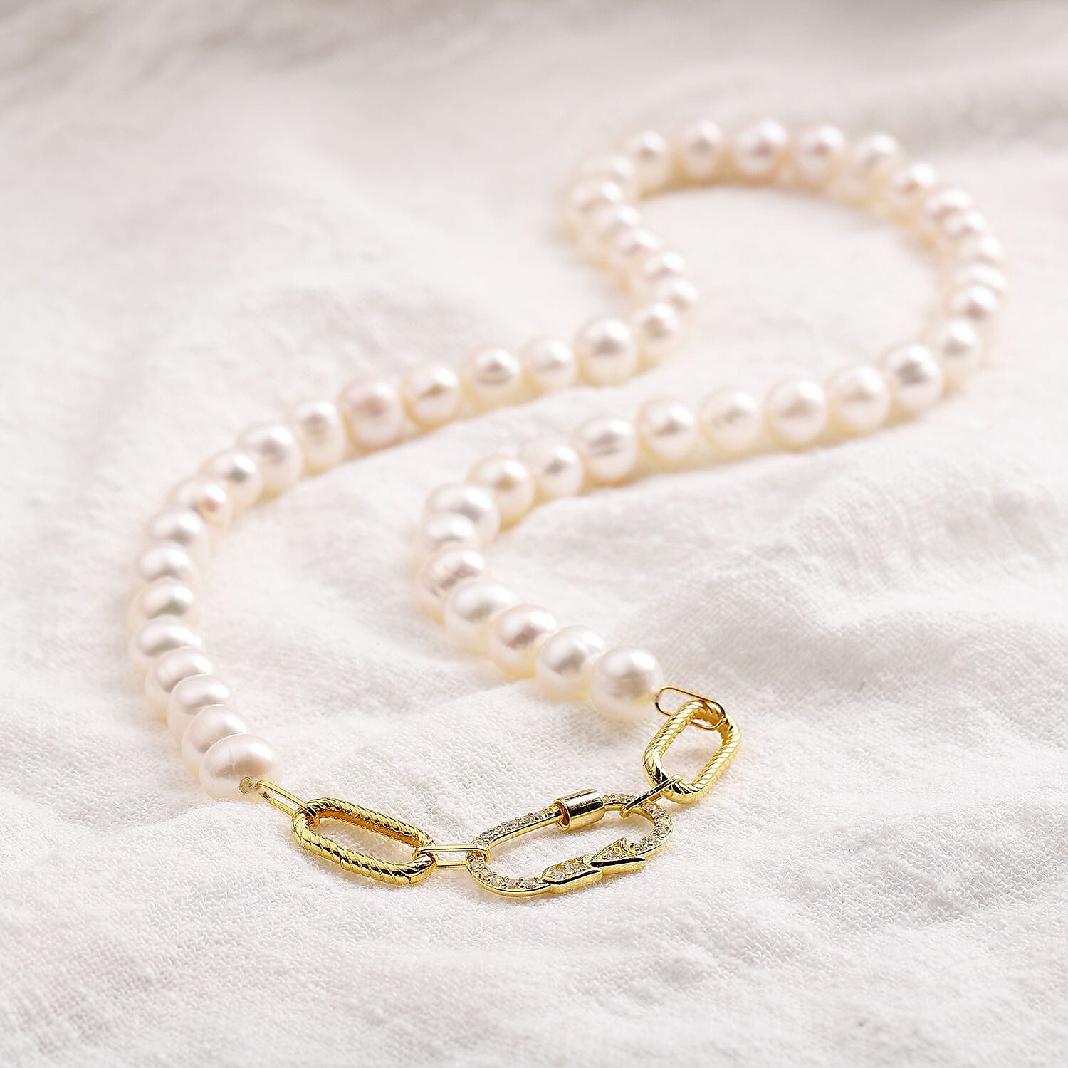 Simulated Diamond and Fresh Water Pearl Necklace (Size - 18) in Yellow ...