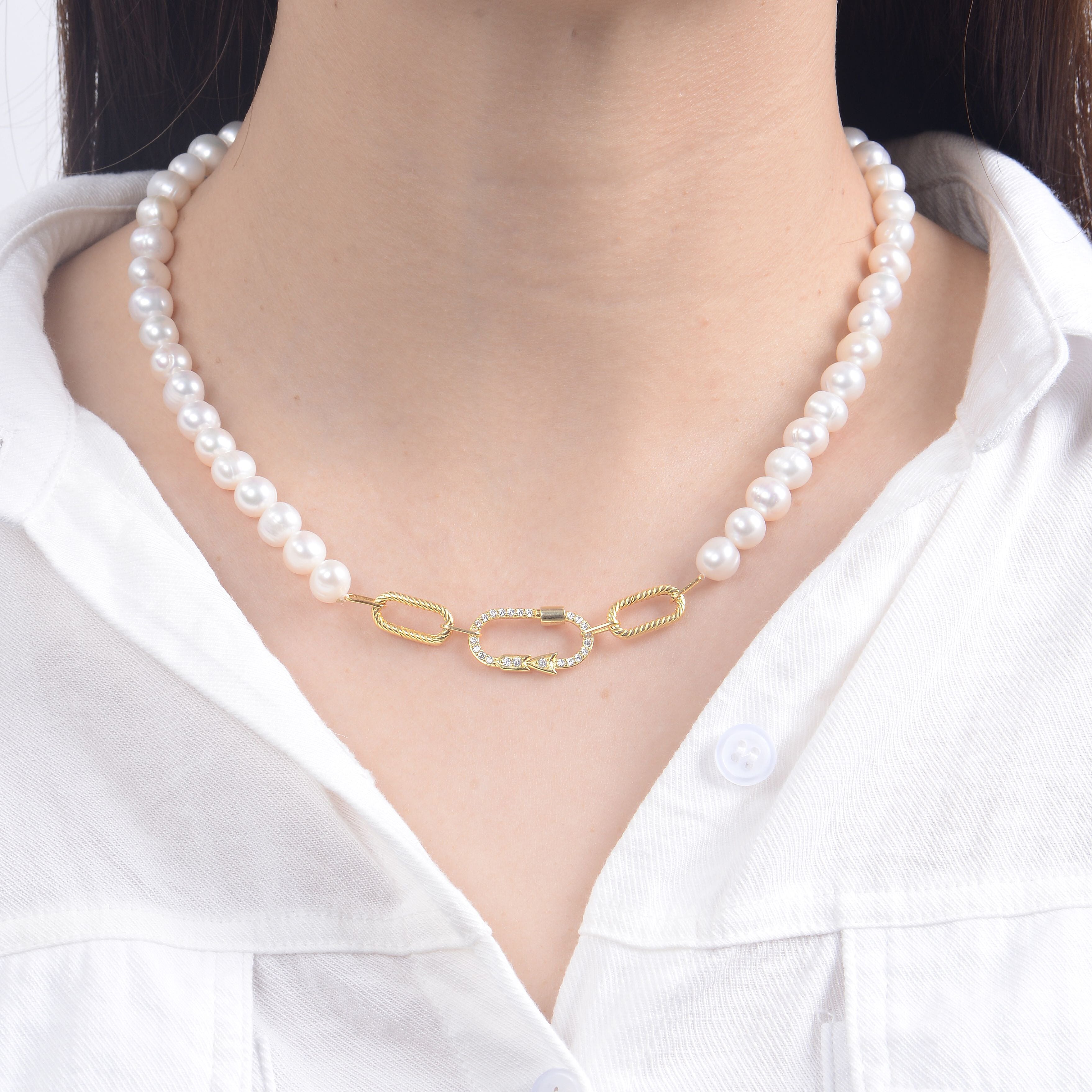 Simulated Diamond and Fresh Water Pearl Necklace (Size - 18) in Yellow ...