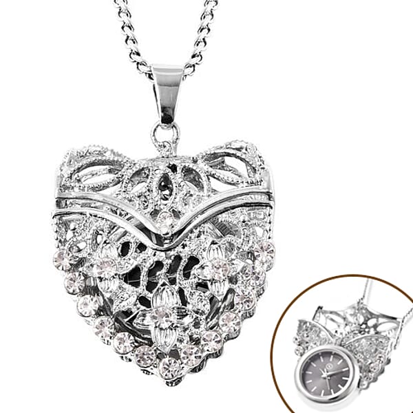 STRADA Japanese Movement Crystal Studded Hollow Heart Locket Watch ...