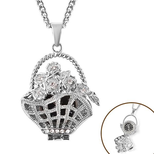 STRADA Japanese Movement Crystal Studded Hollow Flower Basket Locket ...