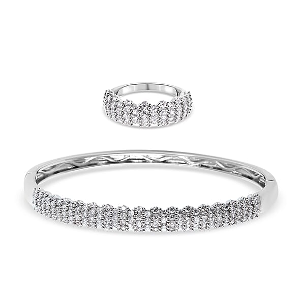 2 Piece Set - Simulated Diamond Ring and Bangle in White Gold Tone ...