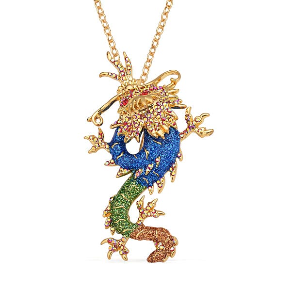 Multi Colour Crystal Enamelled Dragon Pendant with Chain or Brooch ...