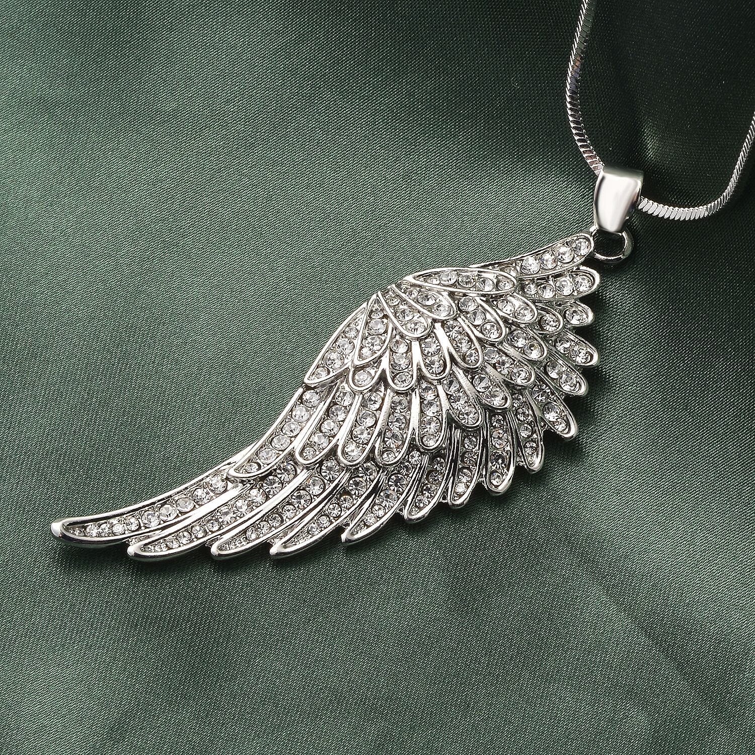 White Austrian Crystal Angel Wing Pendant with Chain (Size 29 with 2 ...