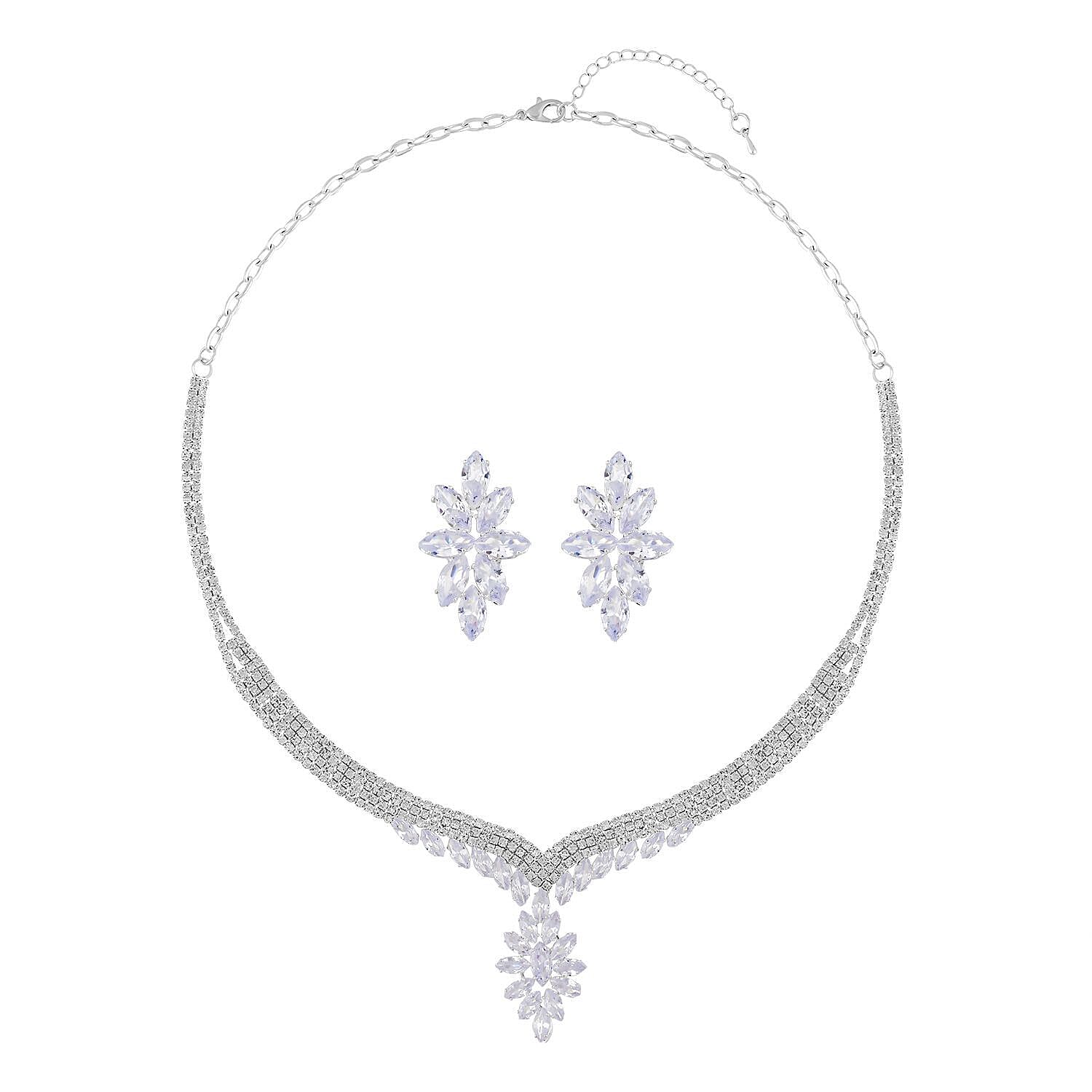 2 Piece Set - White Austrian Crystal and Simulated Diamond Necklace ...