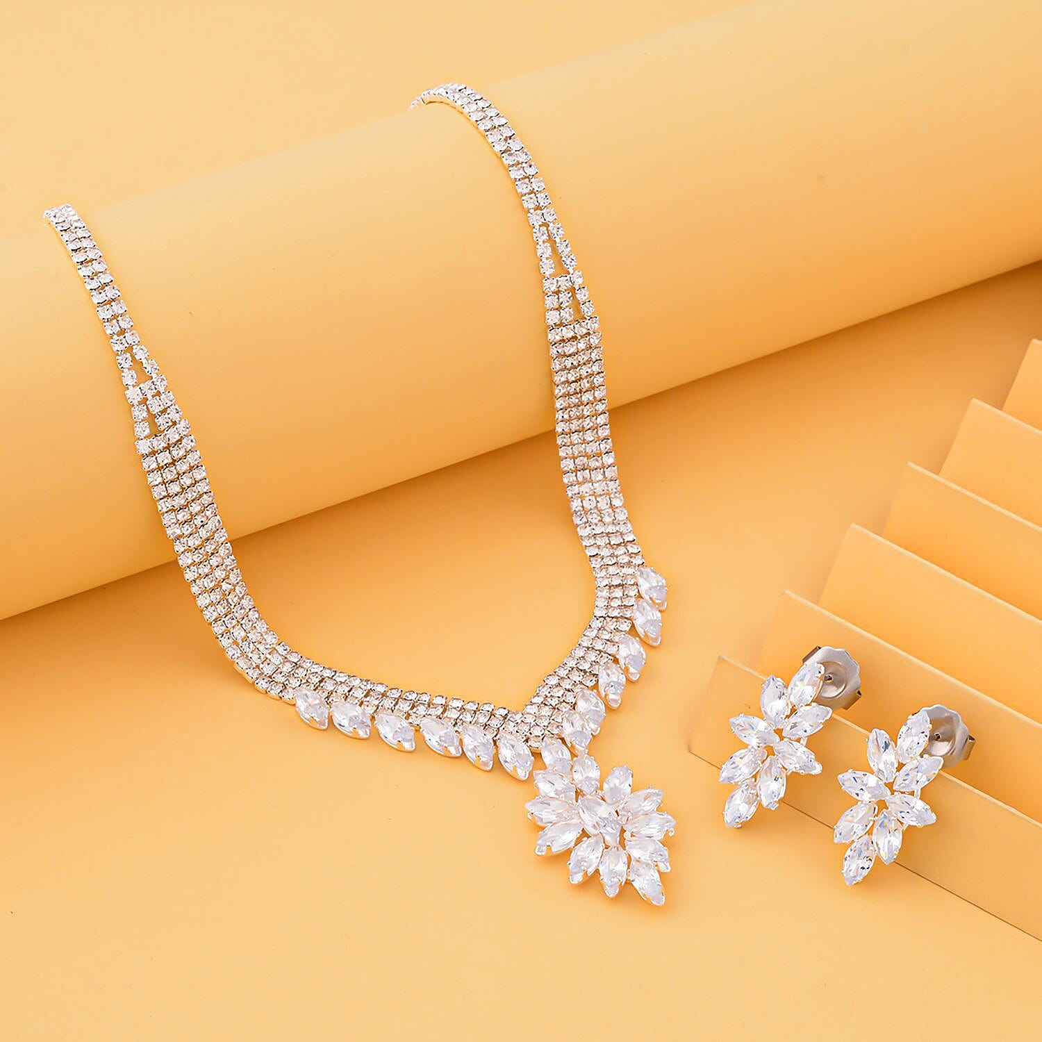 2 Piece Set - White Austrian Crystal and Simulated Diamond Necklace ...
