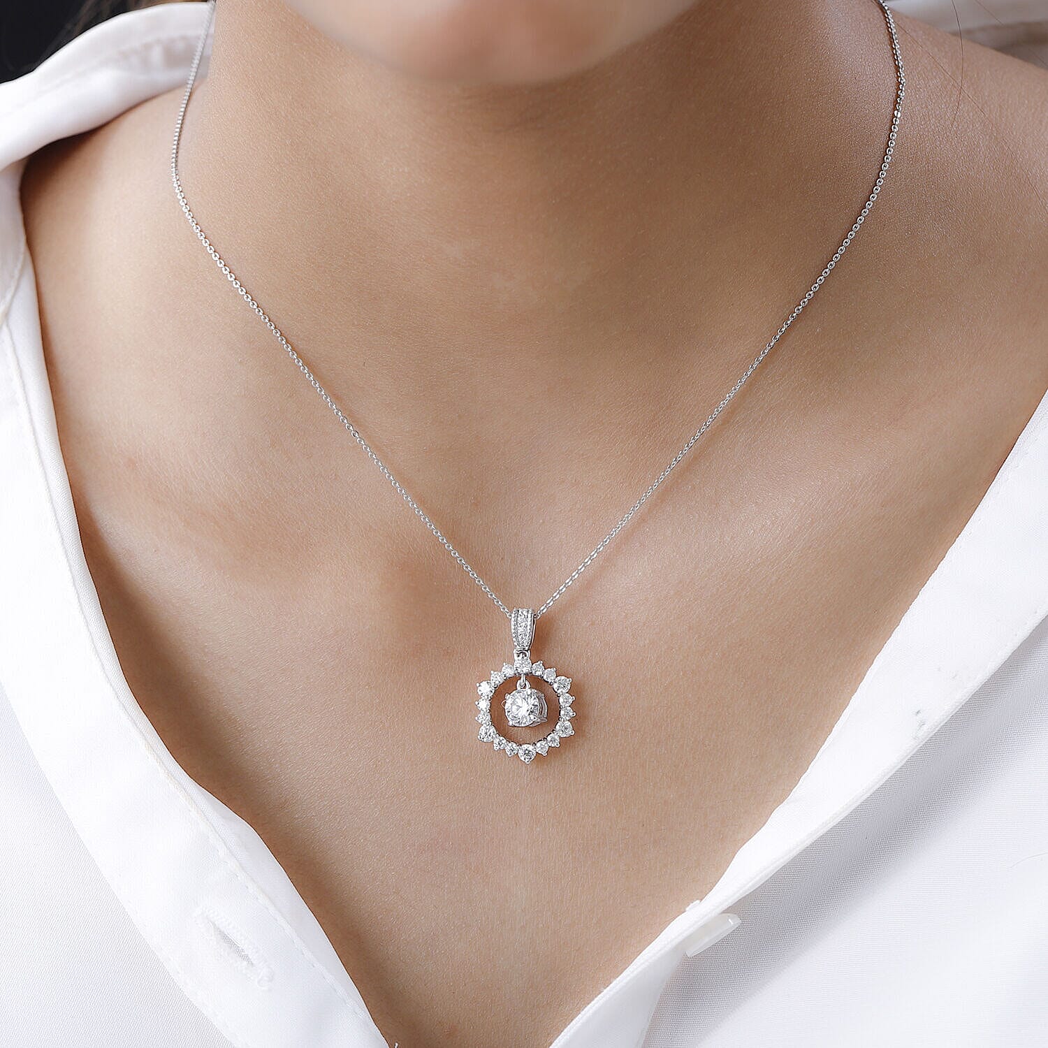Moissanite Circle Pendant with Chain (Size - 20) in Platinum Overlay ...