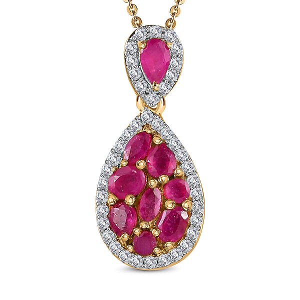 African Ruby and Natural Cambodian Zircon Drop Pendant with Chain (Size ...