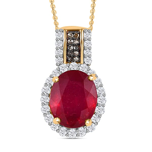 African Ruby, Natural Zircon and Champagne Diamond Pendant with Chain ...