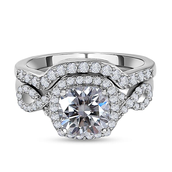 Set of 2 Moissanite Ring in Platinum Overlay Sterling Silver 2.10 Ct ...