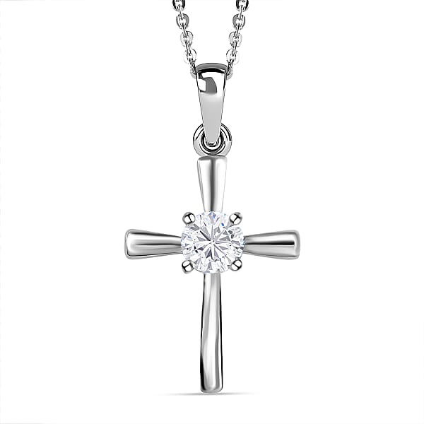Moissanite Cross Pendant with Chain (Size 20) in Platinum Overlay ...