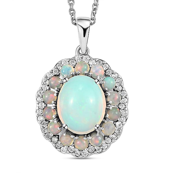 Ethiopian Welo Opal and Natural Zircon Pendant with Chain in Sterling ...