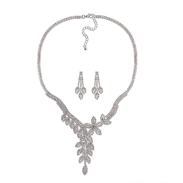 2 Piece Set - White Austrian Crystal Floral Statement Necklace (Size 20 ...