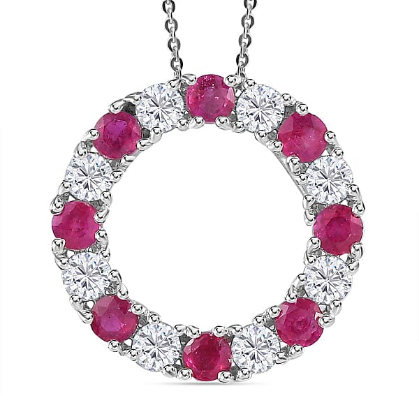 African Ruby & Moissanite Circle Pendant with Chain (Size 20) in ...