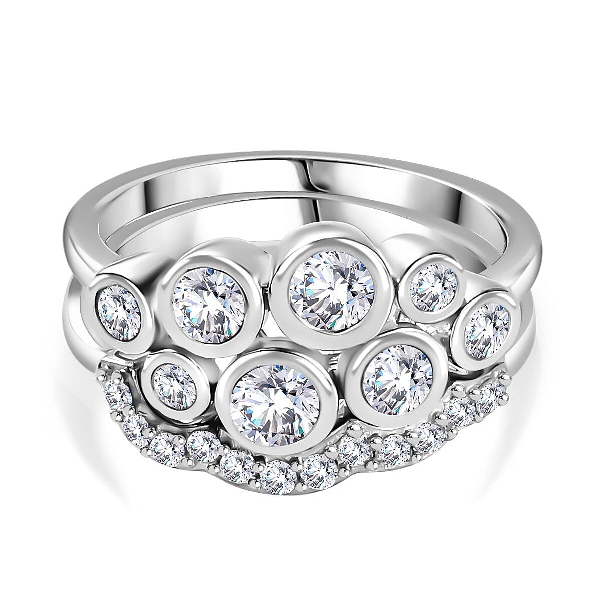 Set of 2 - Moissanite Stackable Bubble Ring in Platinum Overlay Sterling Silver 1.01 Ct ...