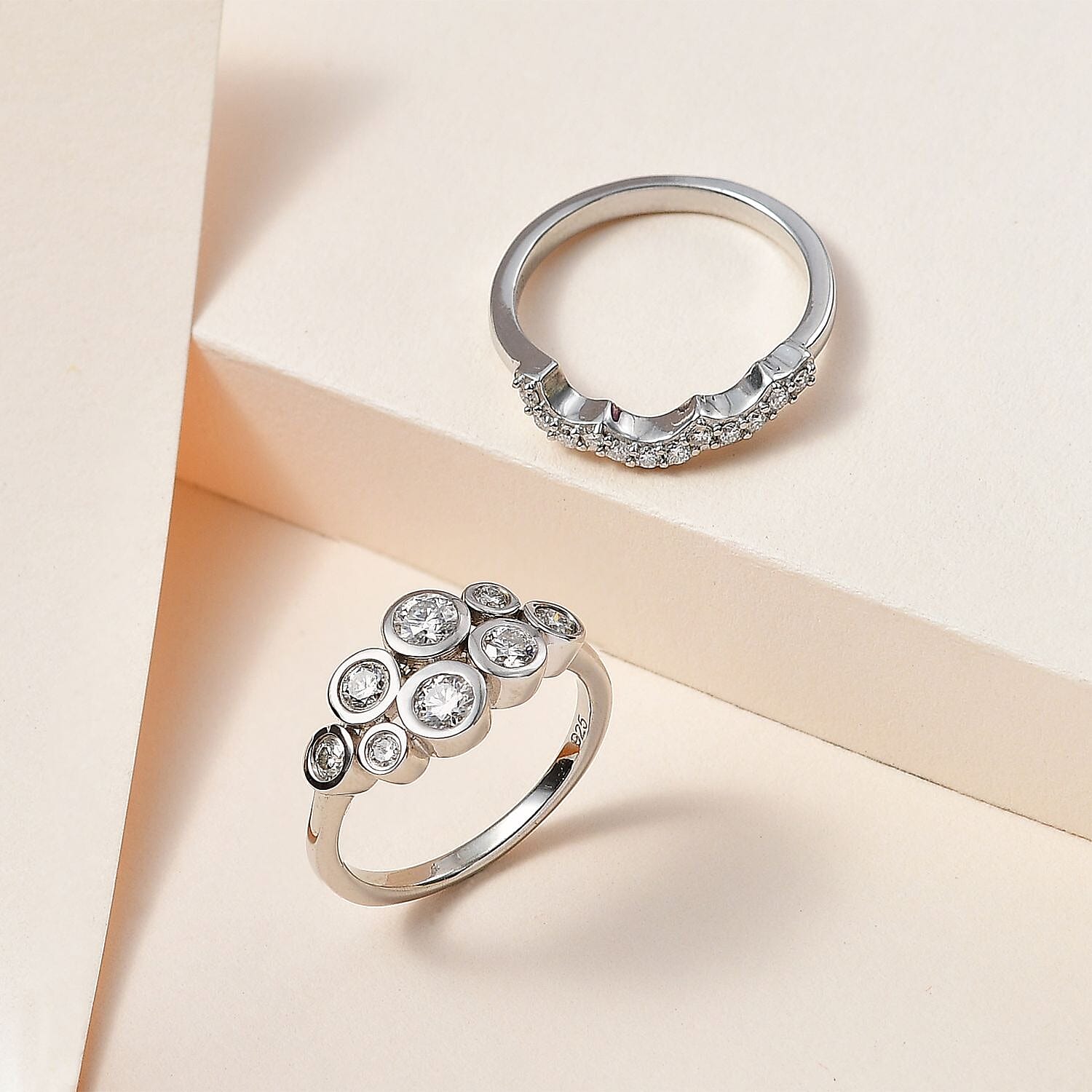 Set of 2 - Moissanite Stackable Bubble Ring in Platinum Overlay Sterling Silver 1.01 Ct ...