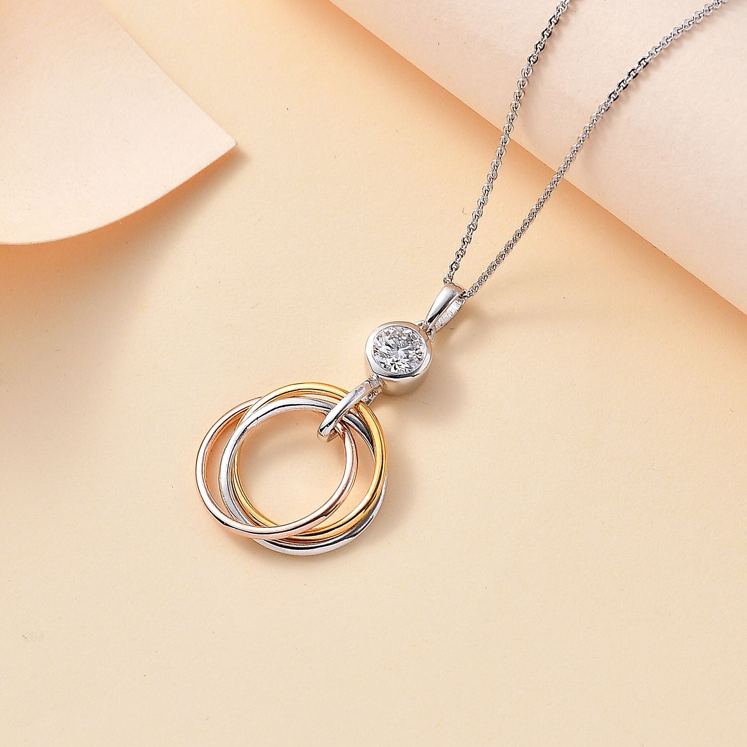 Moissanite Soliatire Pendant with Chain (Size 20) in Rhodium Plated Sterling Silver in Tri-tone ...