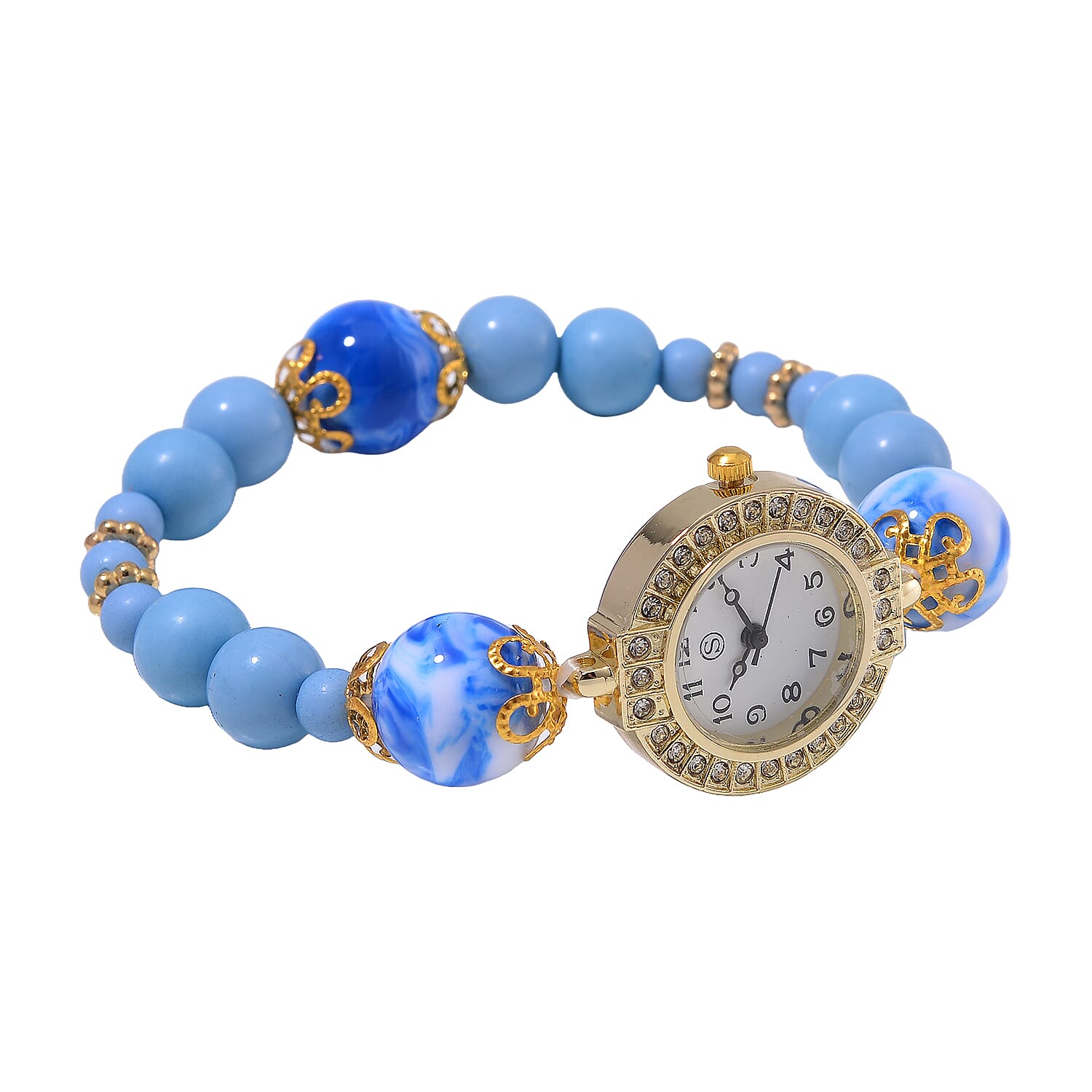 4 Piece Set - STRADA Crystal Watch With 3 Crystal Bracelets - Blue ...
