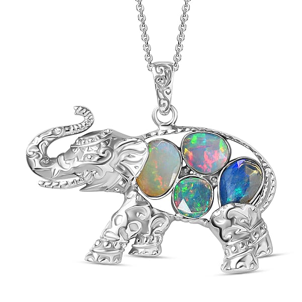 Ethiopian Opal Elephant Pendant with Chain (Size 20) in Rhodium Overlay ...