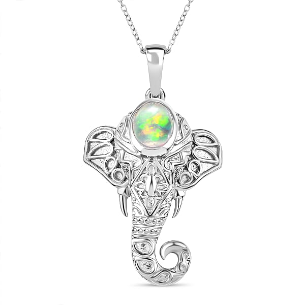 Ethiopian Opal Elephant Pendant with Chain (Size 20) in Rhodium Overlay ...