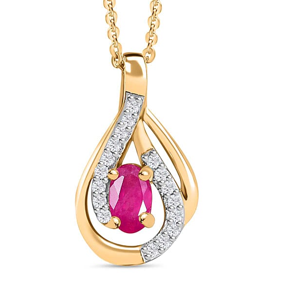 Mozambique Ruby, White Zircon Drop Pendant with Chain (Size 20) in 18K ...