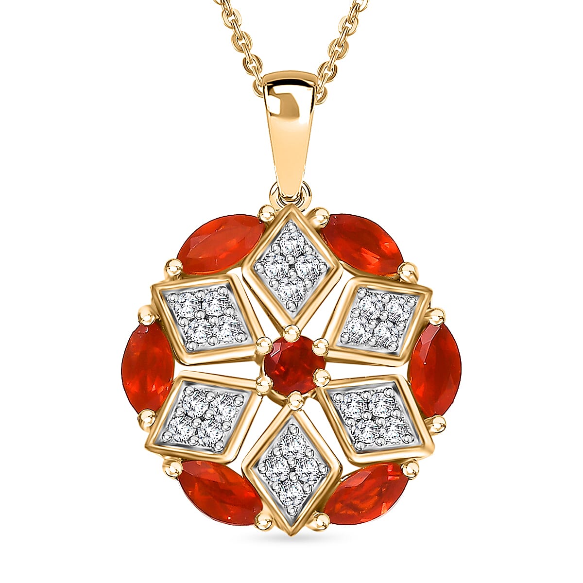 Cherry Fire Opal, White Zircon Pendant with Chain (Size 20) in 18K ...