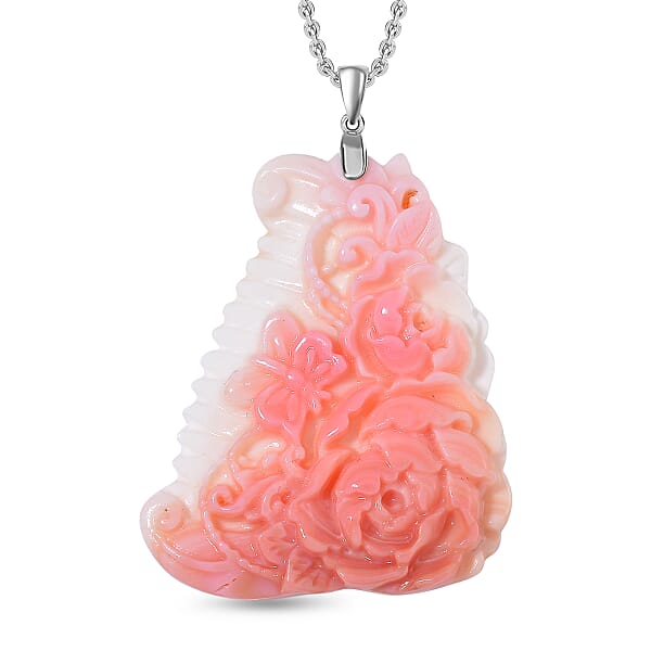 Carved Pink Conch Shell Pendant with Chain (Size 20) in Rhodium Overlay ...