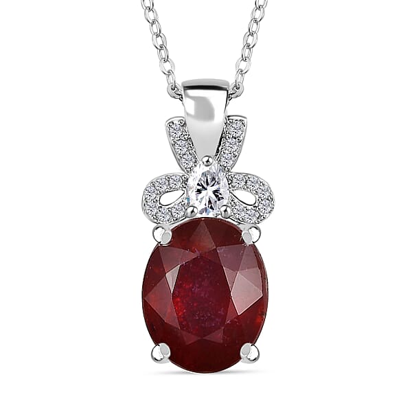 African Ruby & Moissanite Pendant with Chain (Size - 20) in Rhodium ...