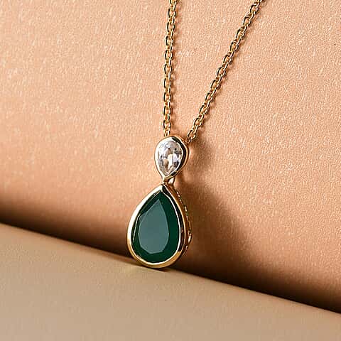 Verde Onyx and White Topaz Pendant with Chain (Size 20) in Yellow Gold ...