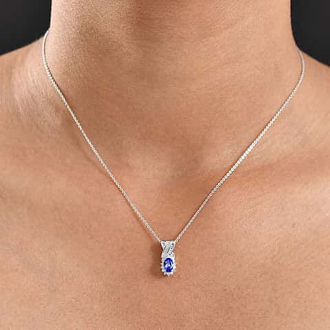 D'Joy Tanzanite, White Diamond Halo Pendant with Chain (Size 20) in ...