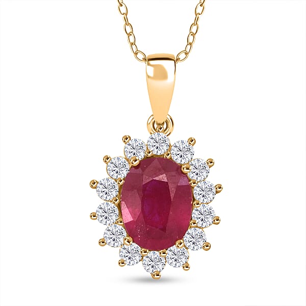 AAA African Ruby, White Zircon Sunburst Halo Pendant with Chain (Size ...