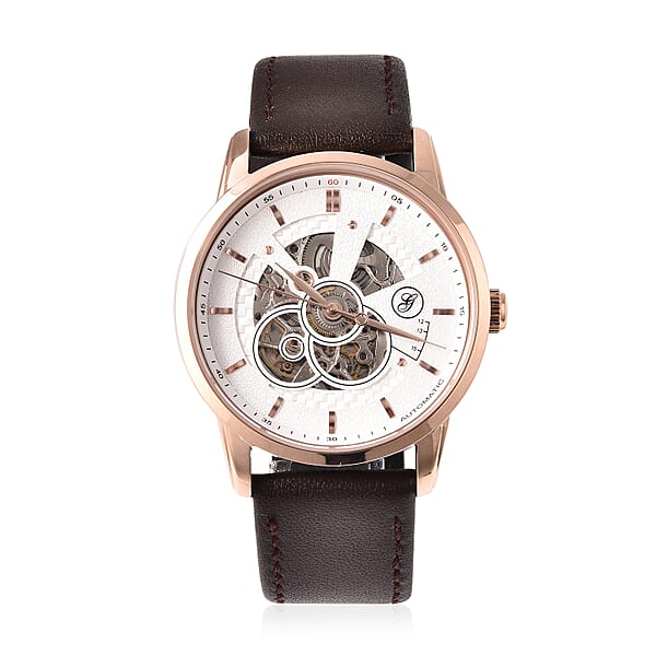 GENOA Classy Mechanical Gold Tone Watch with Brown Leather Strap ...