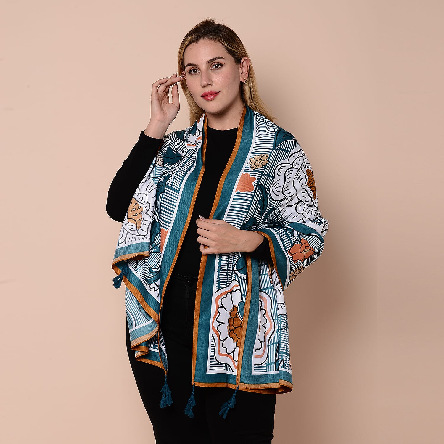 Close Out Fashion Scarf in Floral Pattern with Tassels - Teal, and ...