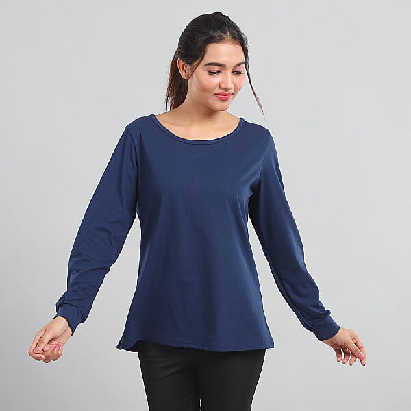 Cotton Single Jersey Loungewear Long Sleeve T- shirt - Blue - 6084243 - TJC