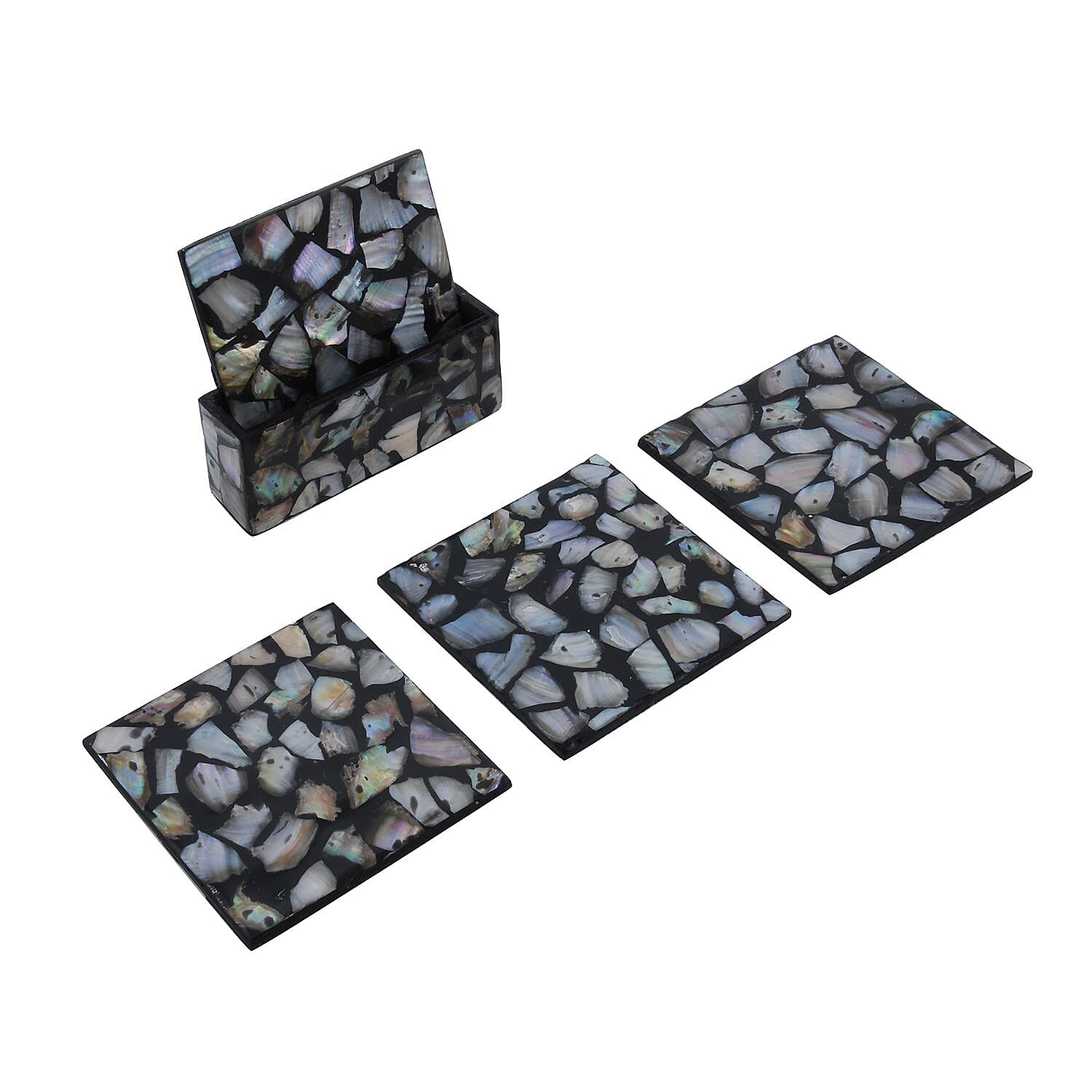 Set of 4 Capiz Shell Square Coasters with Holder - Black - 6090930 - TJC