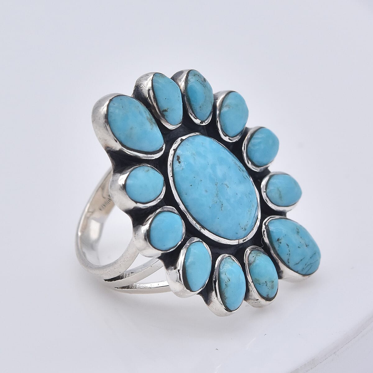 Santa Fe 6 Ct. Turquoise Floral Ring in Rhodium Plated Sterling Silver ...