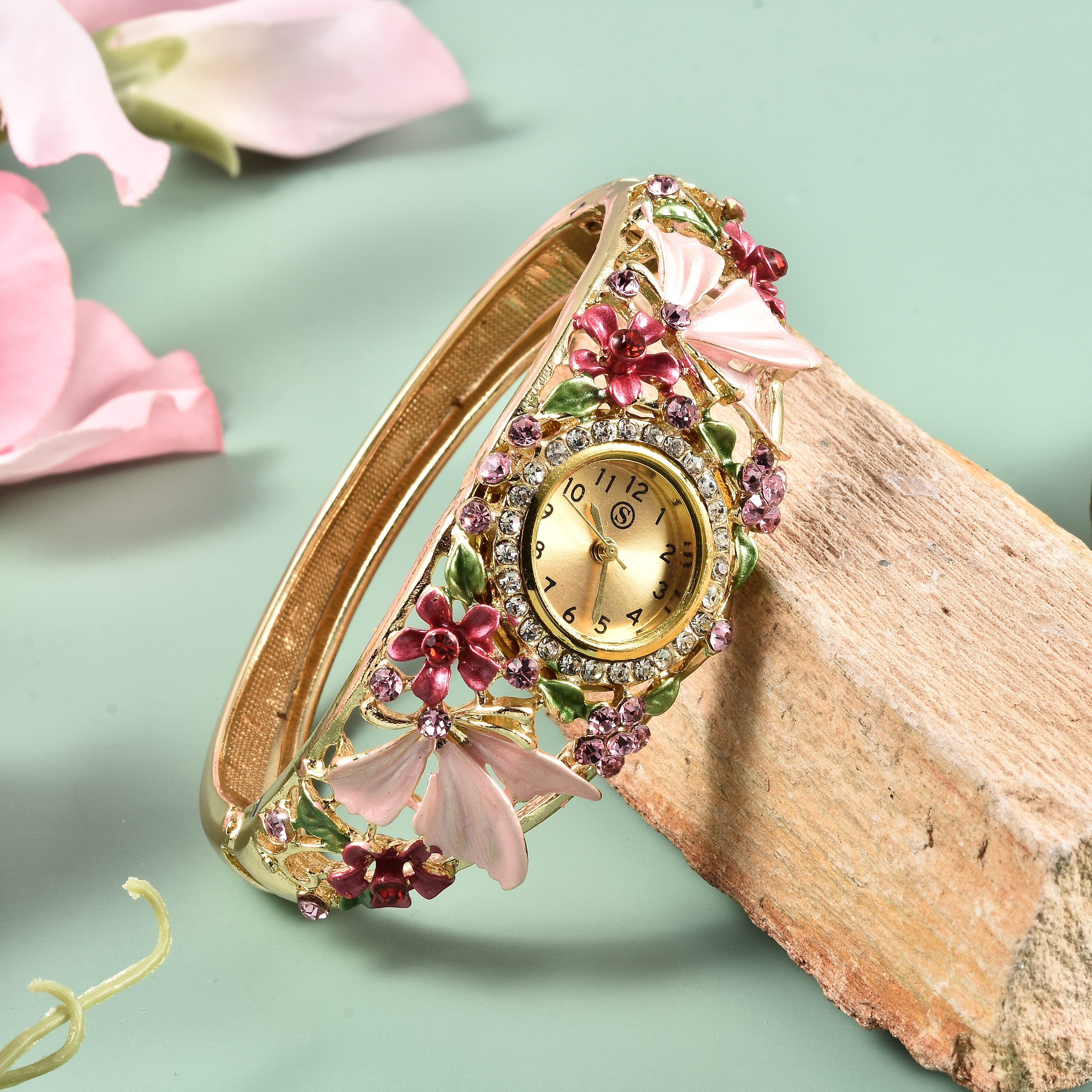 STRADA Japanese Movement Pink and Red Austrian Crystal Floral Pattern ...