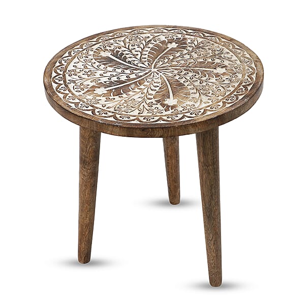 NAKKASHI Floral Pattern Mango Wooden Handcarved Table withe Round Legs ...