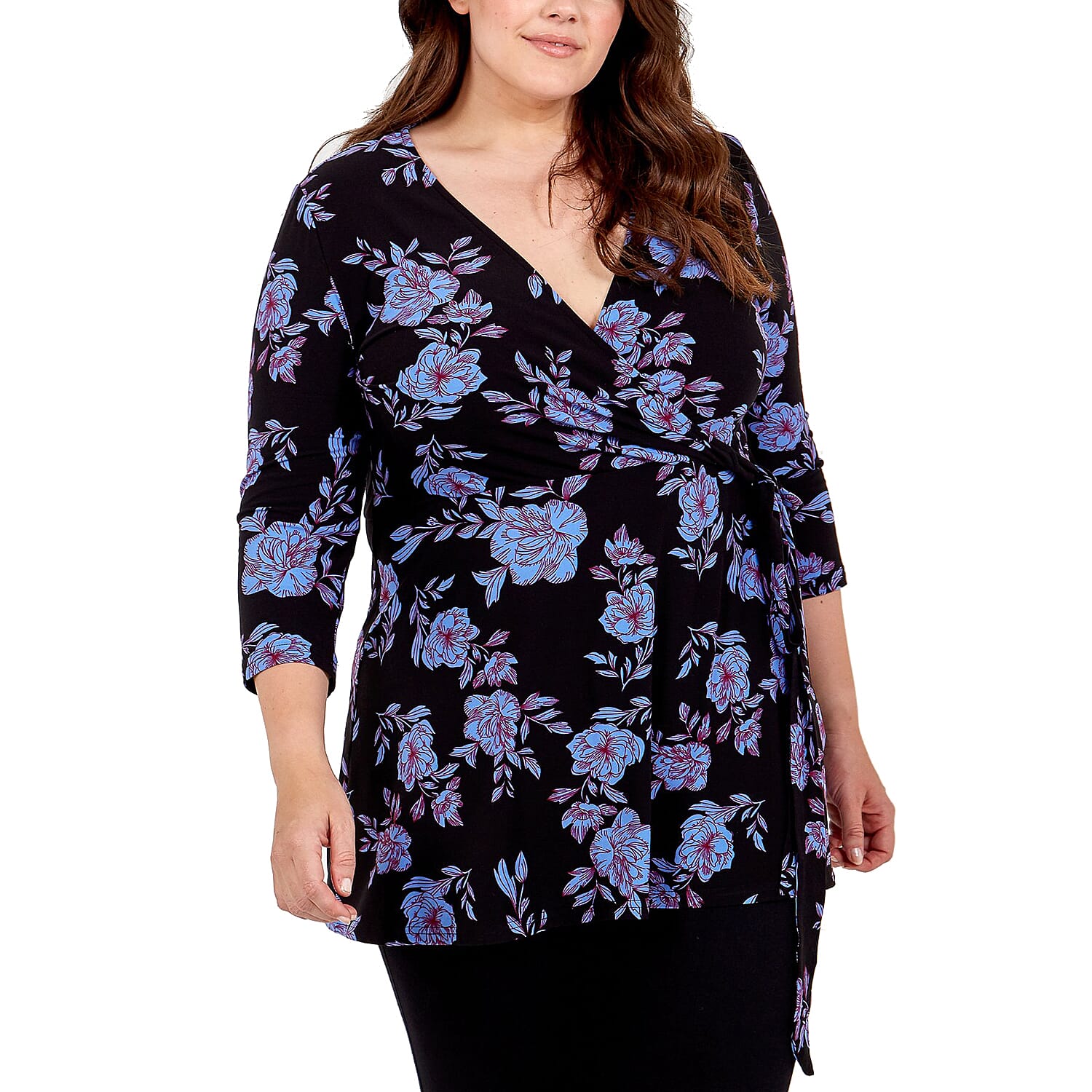 Floral Pattern Wrap Top - Black and Red - 1621211701 - TJC