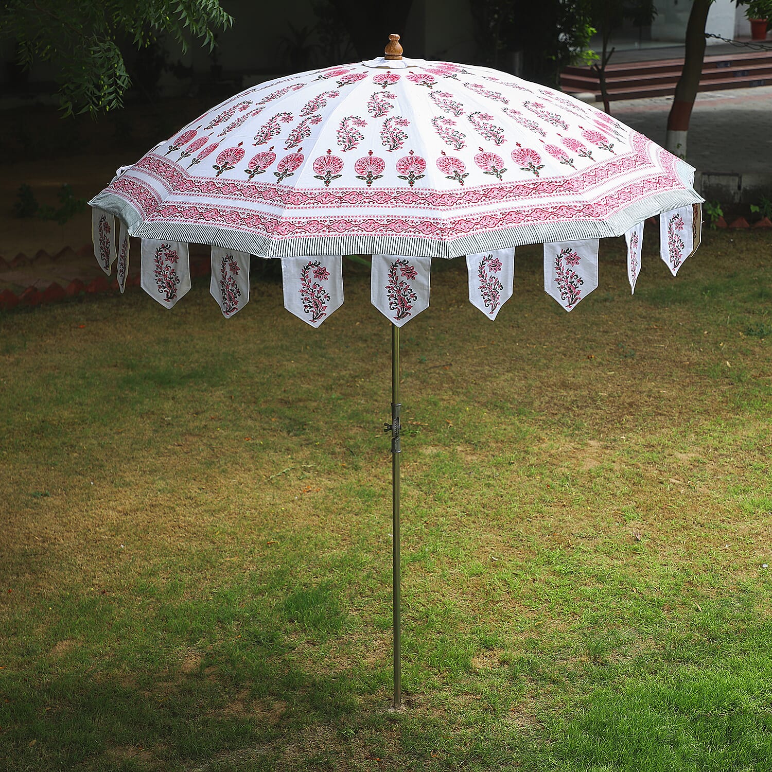 100% Cotton Canvas Block Printed Ethnic Parasols with Long Pole - Pink ...